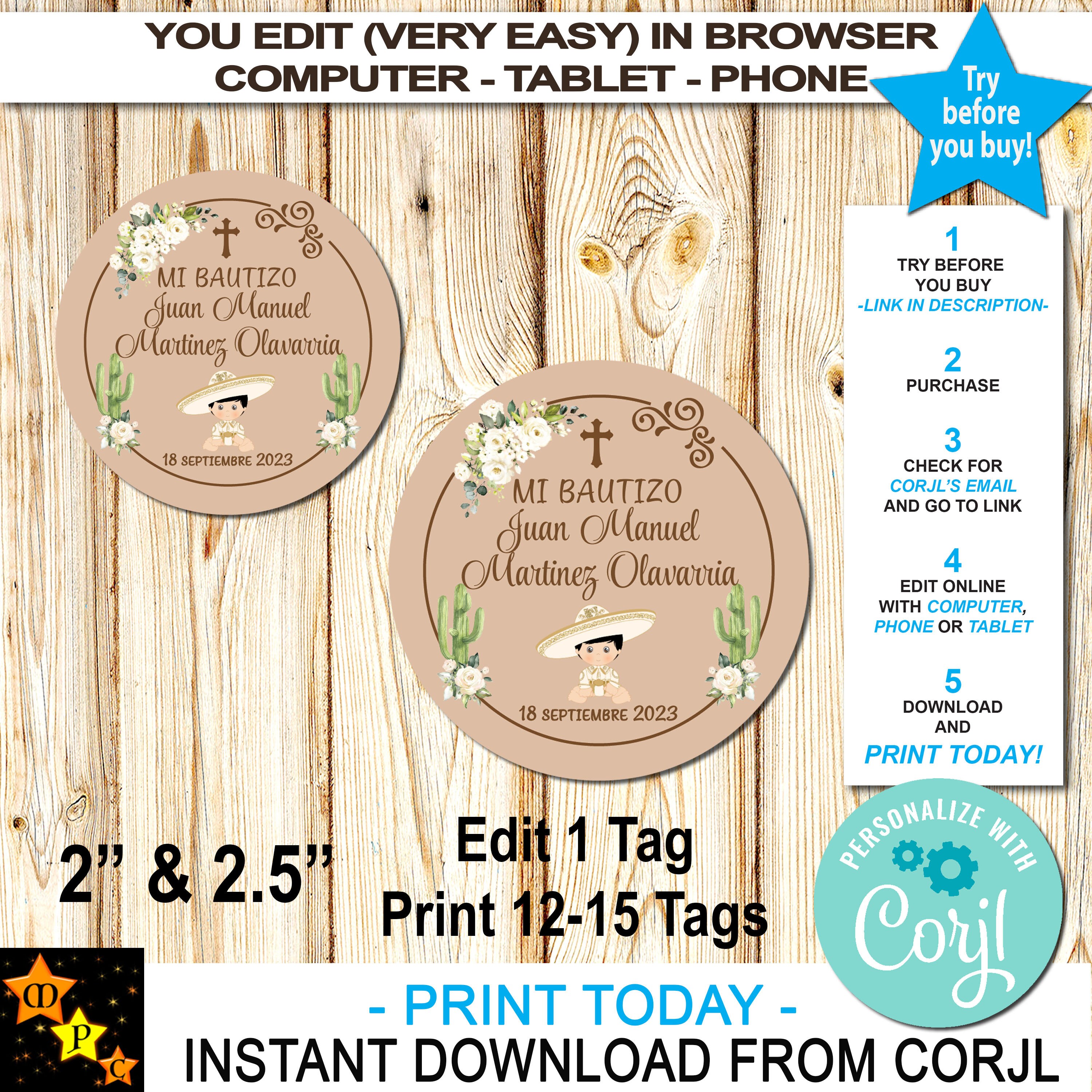 Mi Bautizo Baptism Favor Tags, Charro, Printable, White Flowers, Cactus ...
