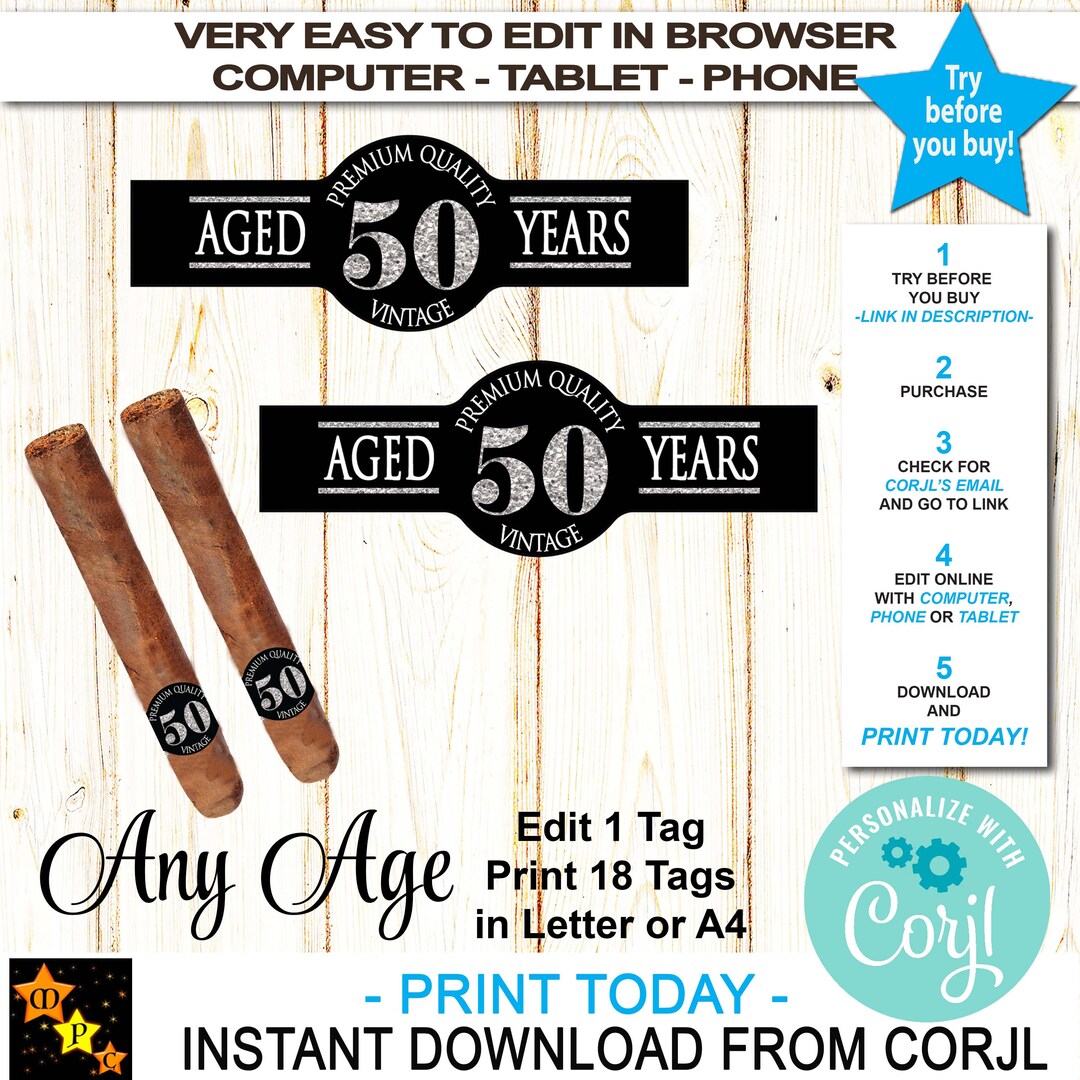 Editable Cigar Labels 50th Birthday, Any Age Cigar Band, Silver ...