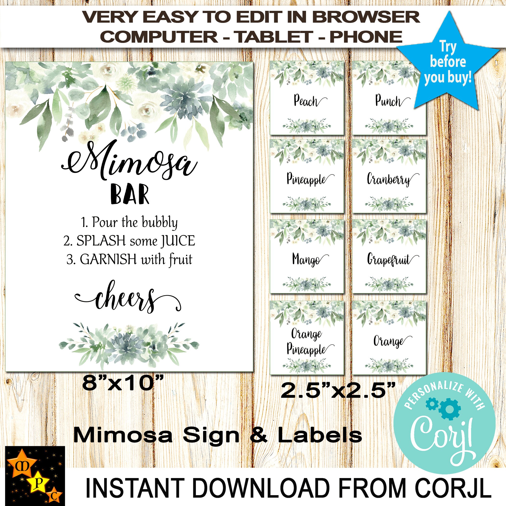 Editable Mimosa Bar Sign and Juice Tags, Editable in Corjl, Greenery ...