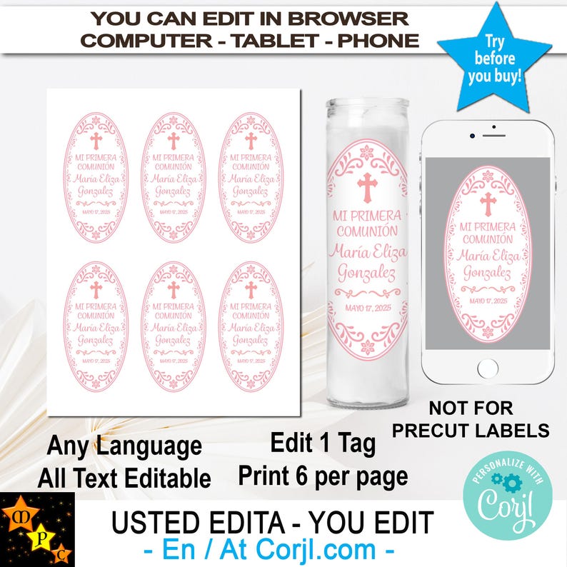 Mi Primera Comunion Candle Labels, First Communion, Talavera Blush Pink ...