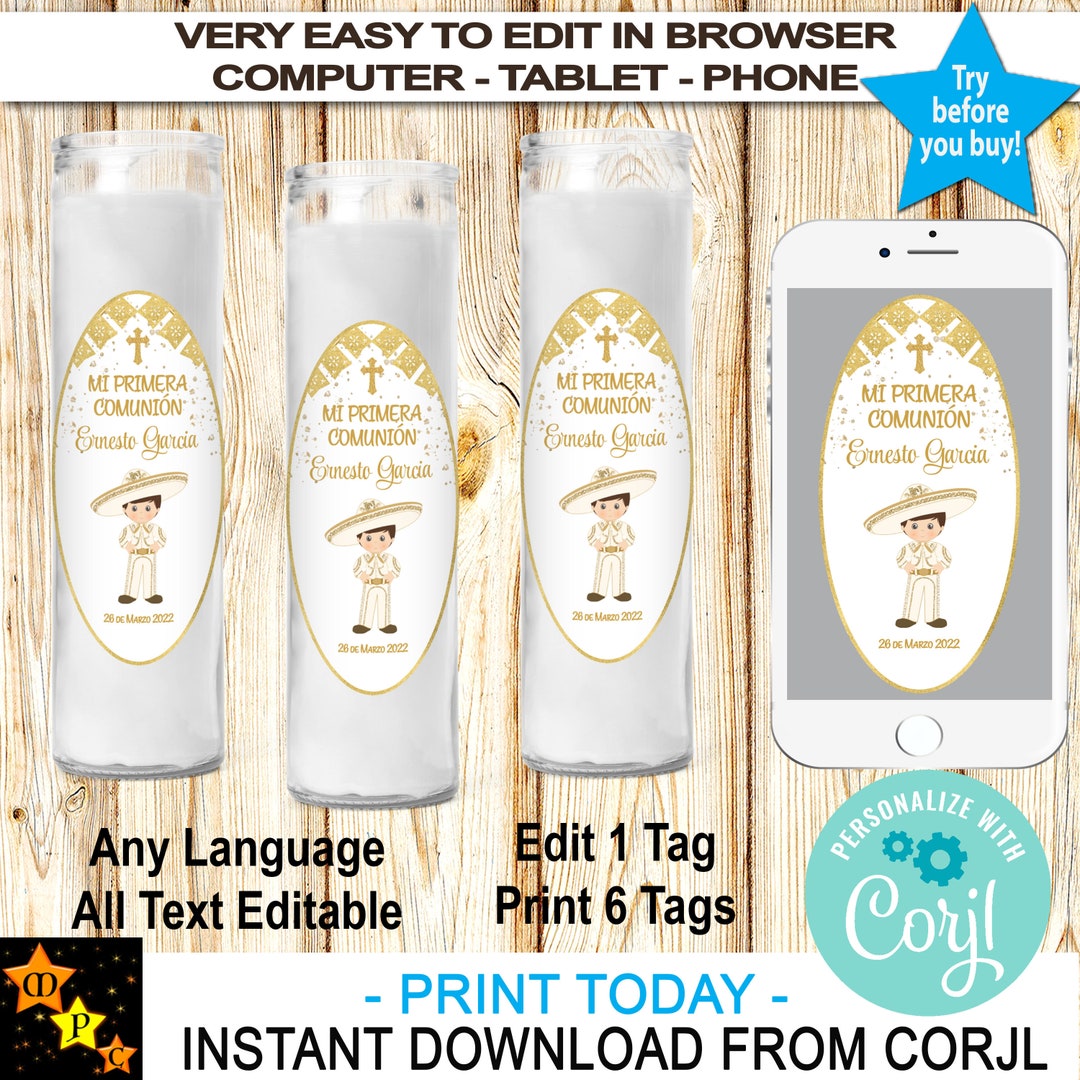 Mi Primera Comunion 1st Communion Candle Labels, Gold Charro, Boy, Gold ...