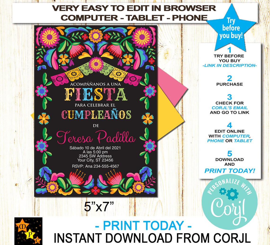 SPANISH Birthday Invitation Mexican Fiesta Flowers No Age - Etsy