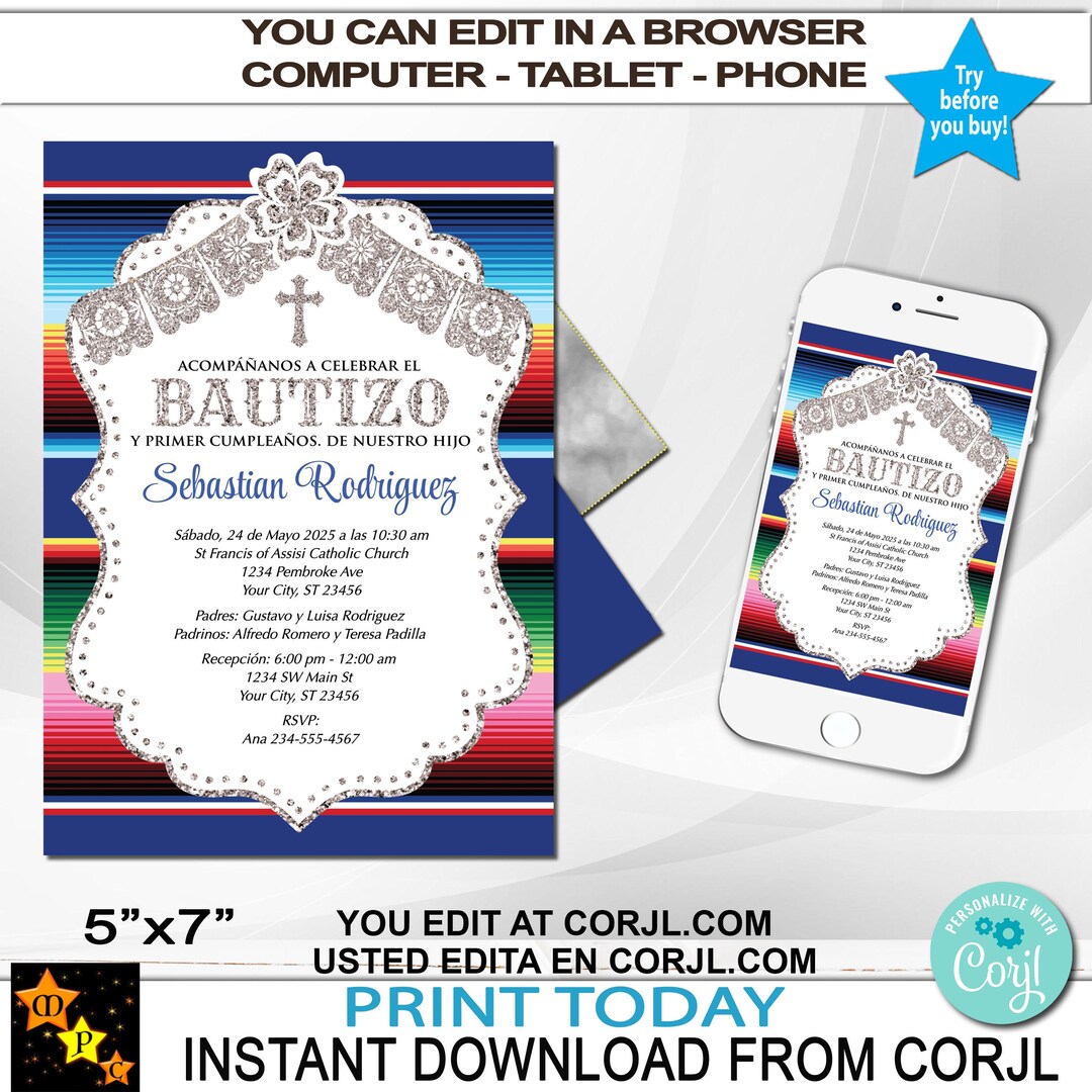 Mexican Baptism Invitation, Mexican Sarape, Silver, Editable (5x7 ...