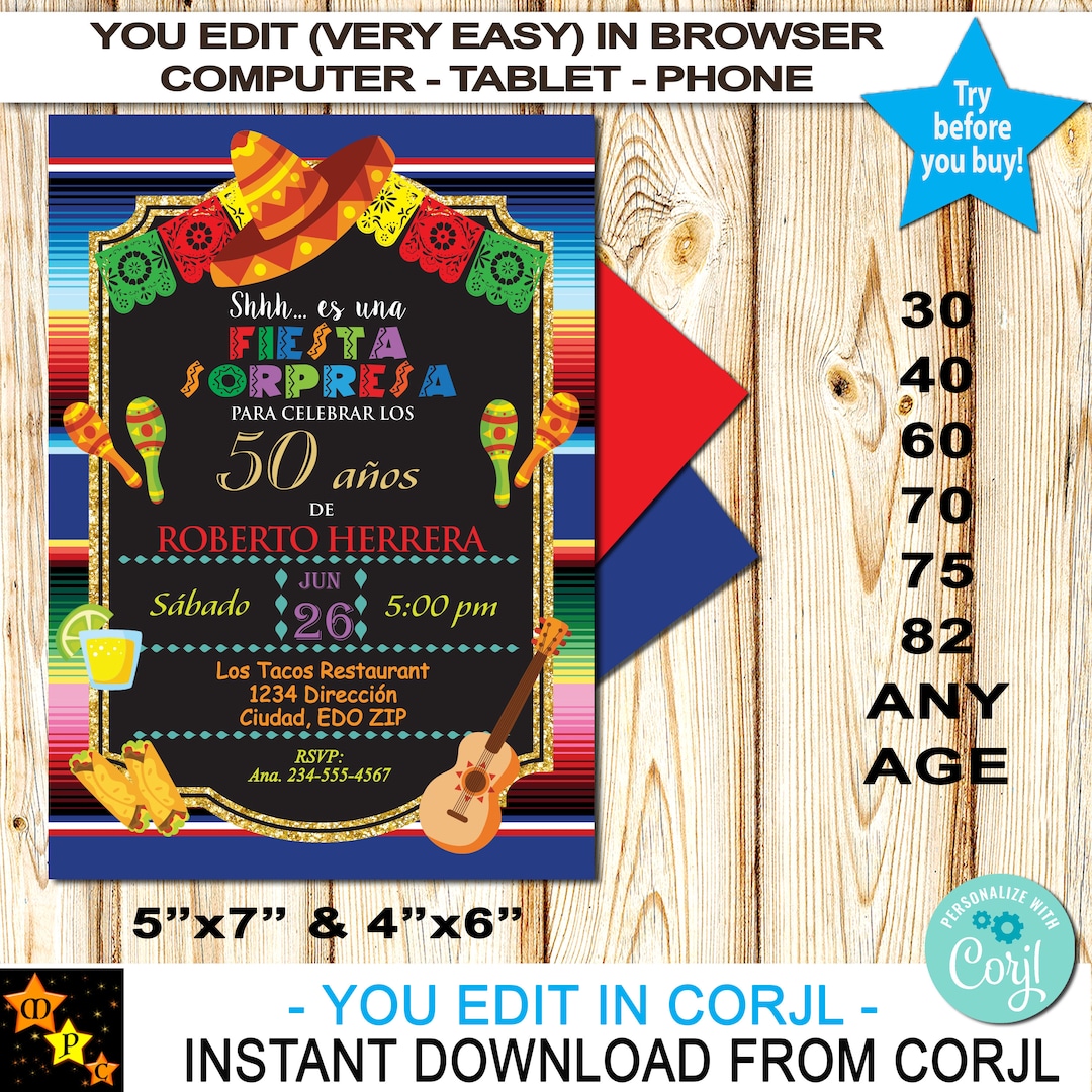 Spanish Surprise Fiesta Birthday Invitation, Mexican Theme, Any Age ...