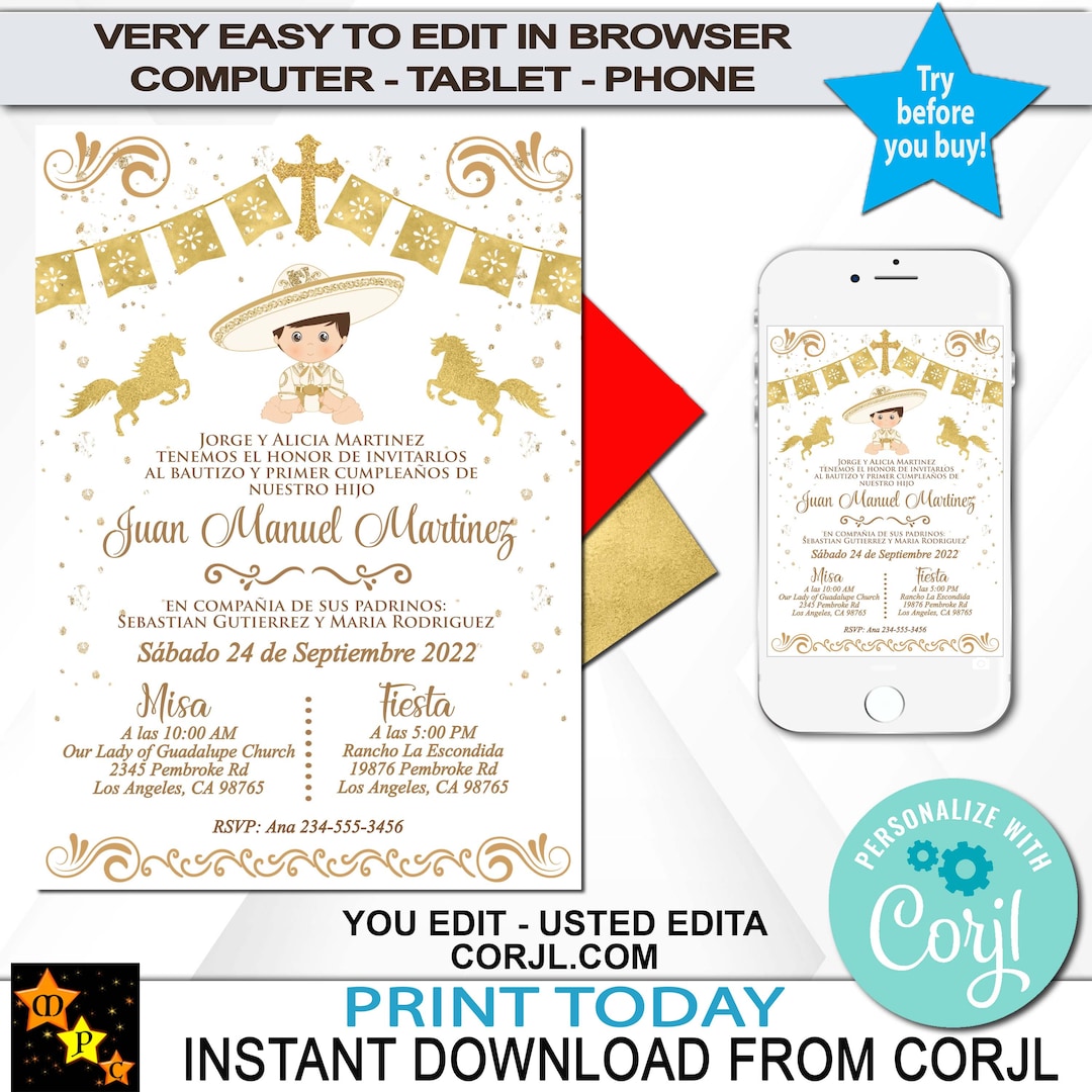 Spanish Charro Baptism and 1st Birthday Invitation Mexican Theme Gold ...