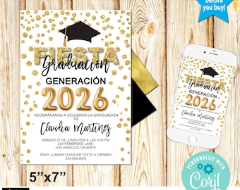 Spanish Graduation Party Invitation, Black and Gold, 2026, Printable, 5 ...
