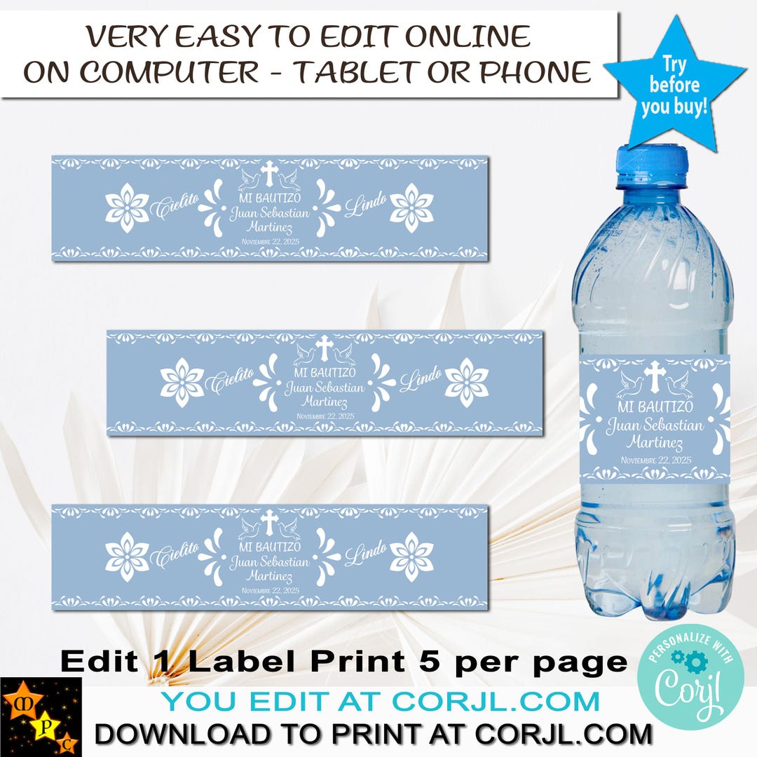 Mi Bautizo Editable Water Bottle Labels, Dusty Blue Talavera Mexican ...