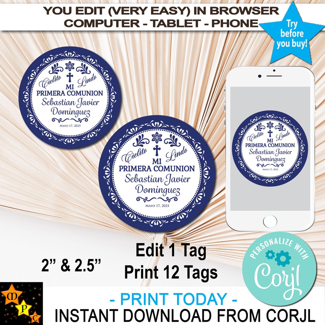 Mi Primera Comunión First Communion Round Tags,talavera Navy White ...