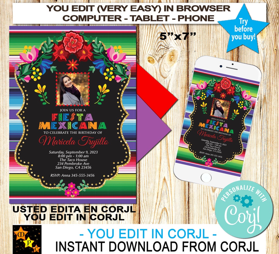 Mexican Photo Birthday Invitation, Mexican Fiesta Flowers, No Age ...