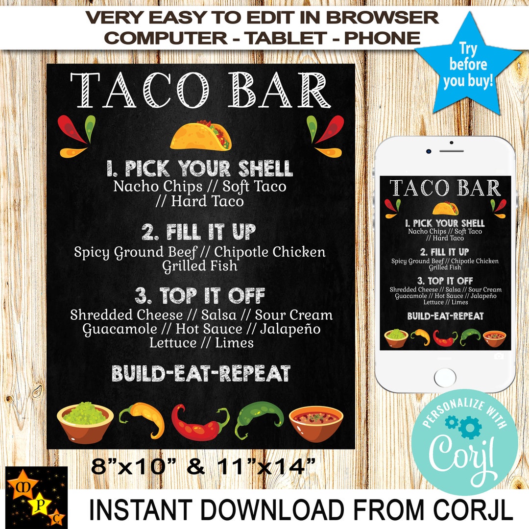 Taco Bar Sign, Mexican Style, Editable, Instant Download From Corjl ...