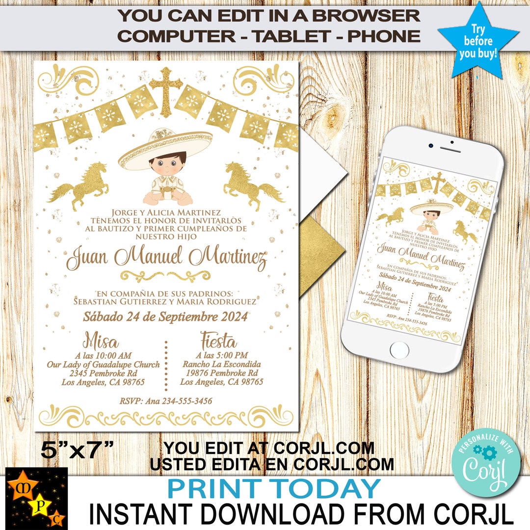 Spanish Charro Baptism and 1st Birthday Invitacion Bautizo Invitation ...