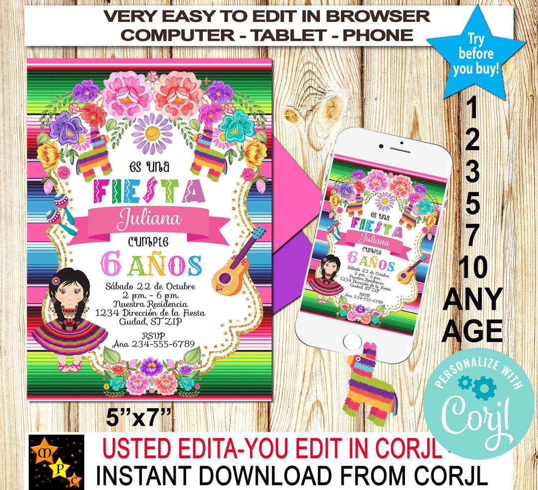 Spanish Mexican Girl Birthday Invitation, Any Age, Mexican Theme ...