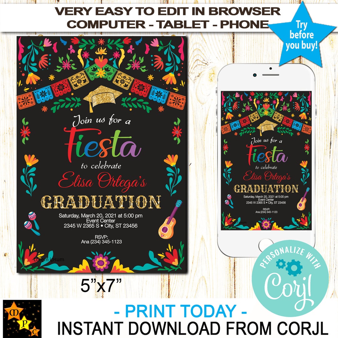 Graduation Invitation, Mexican Flowers, Mexican Fiesta Theme, Instant ...