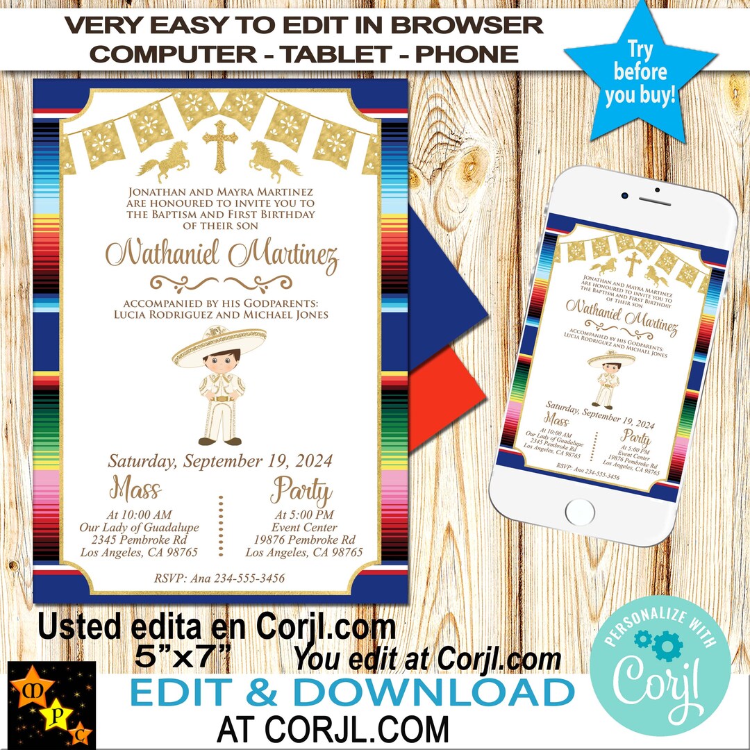 English Baptism Invitation, Mexican Theme, Sarape Background, Toddler ...