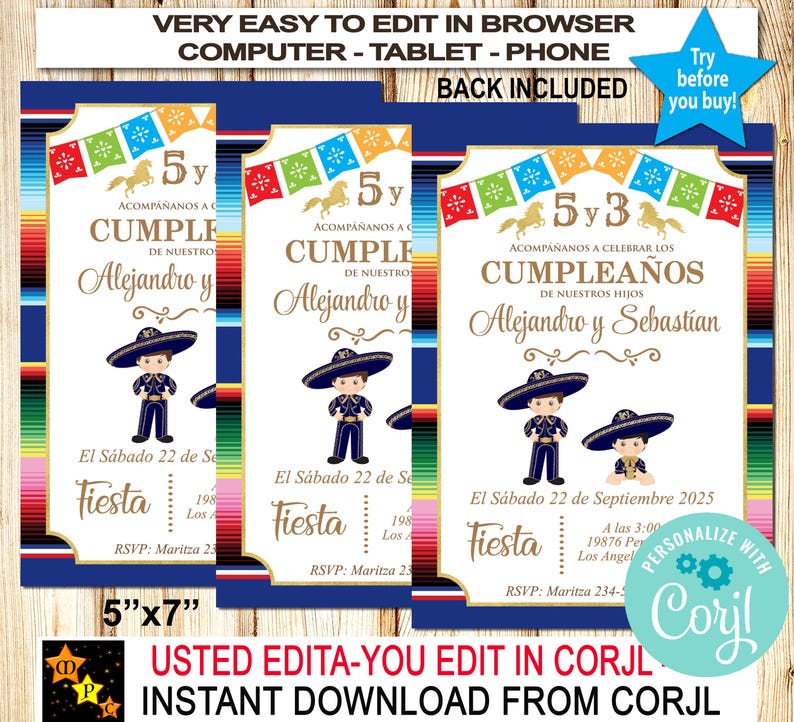 Spanish Fiesta Birthday Invitation, Two Boys, Siblings, Hermanos (corjl ...