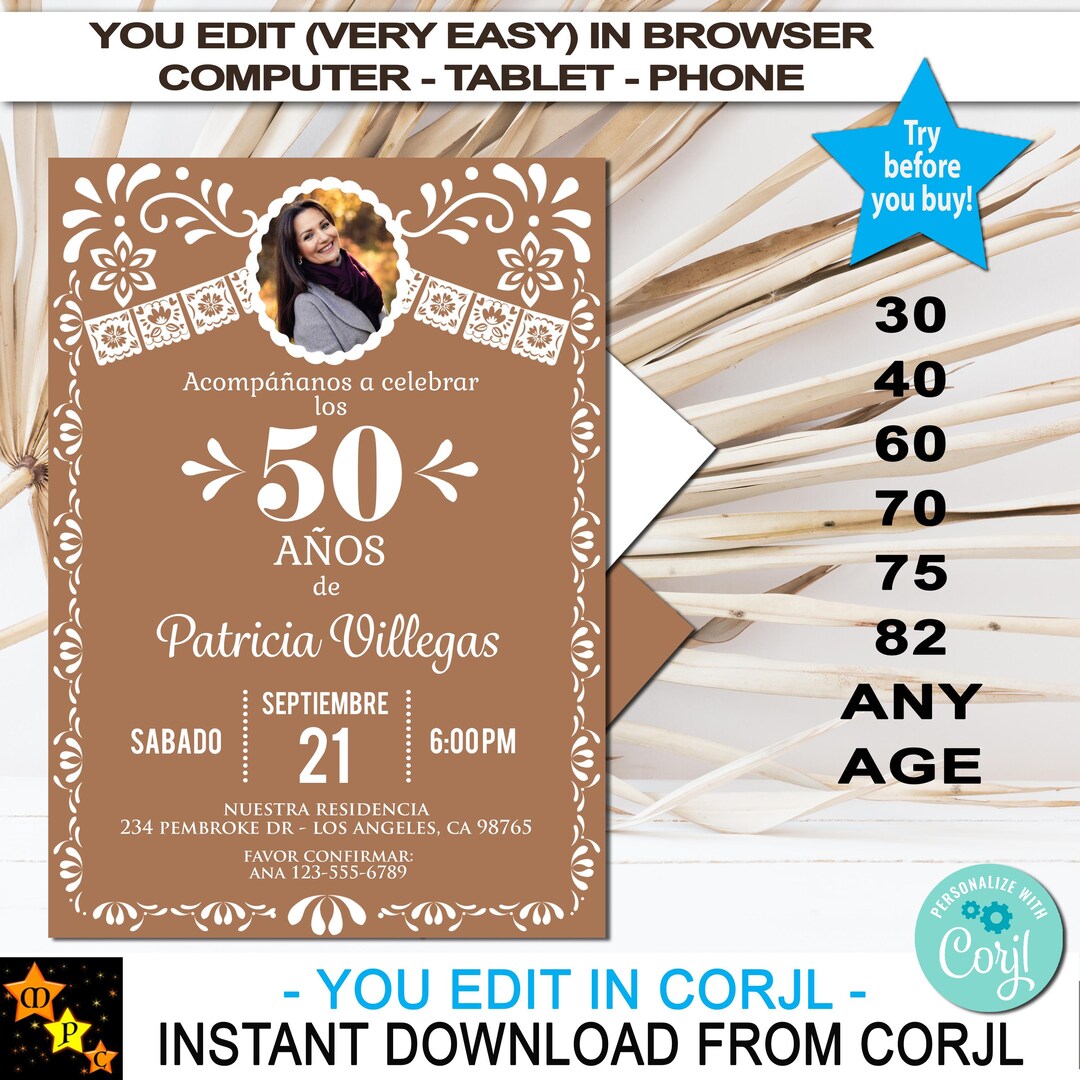 Spanish Barro Any Age Photo Birthday Invitation, Talavera Theme, Edit ...