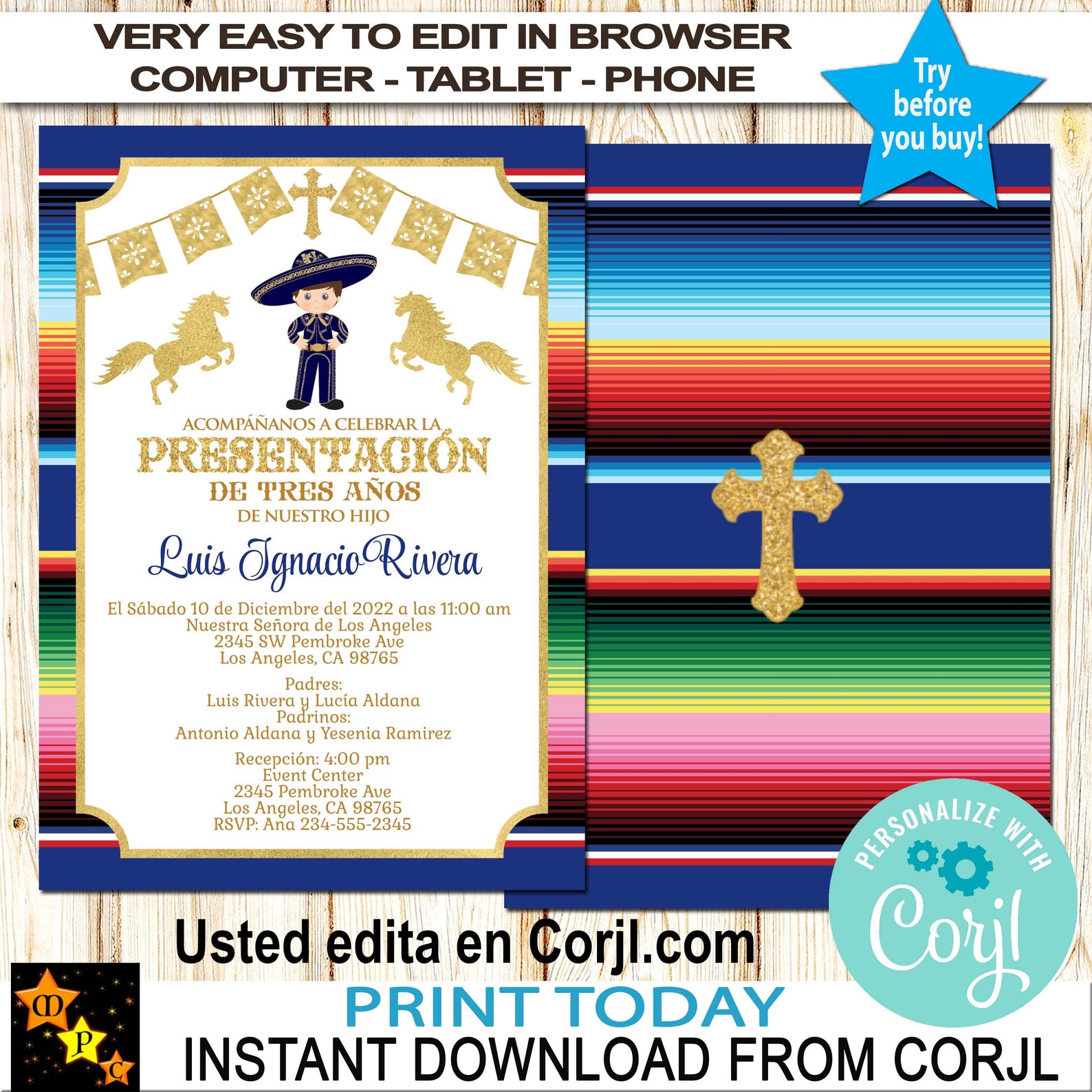 Presentation 3 Years Invitation, Charro, Mexican Theme, Sarape ...