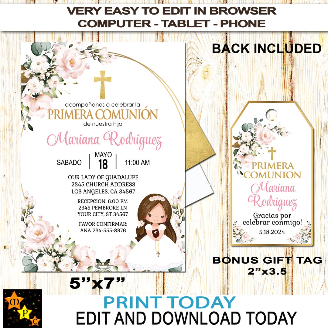 Spanish Editable First Communion Invitation and Gift Tag, Primera ...