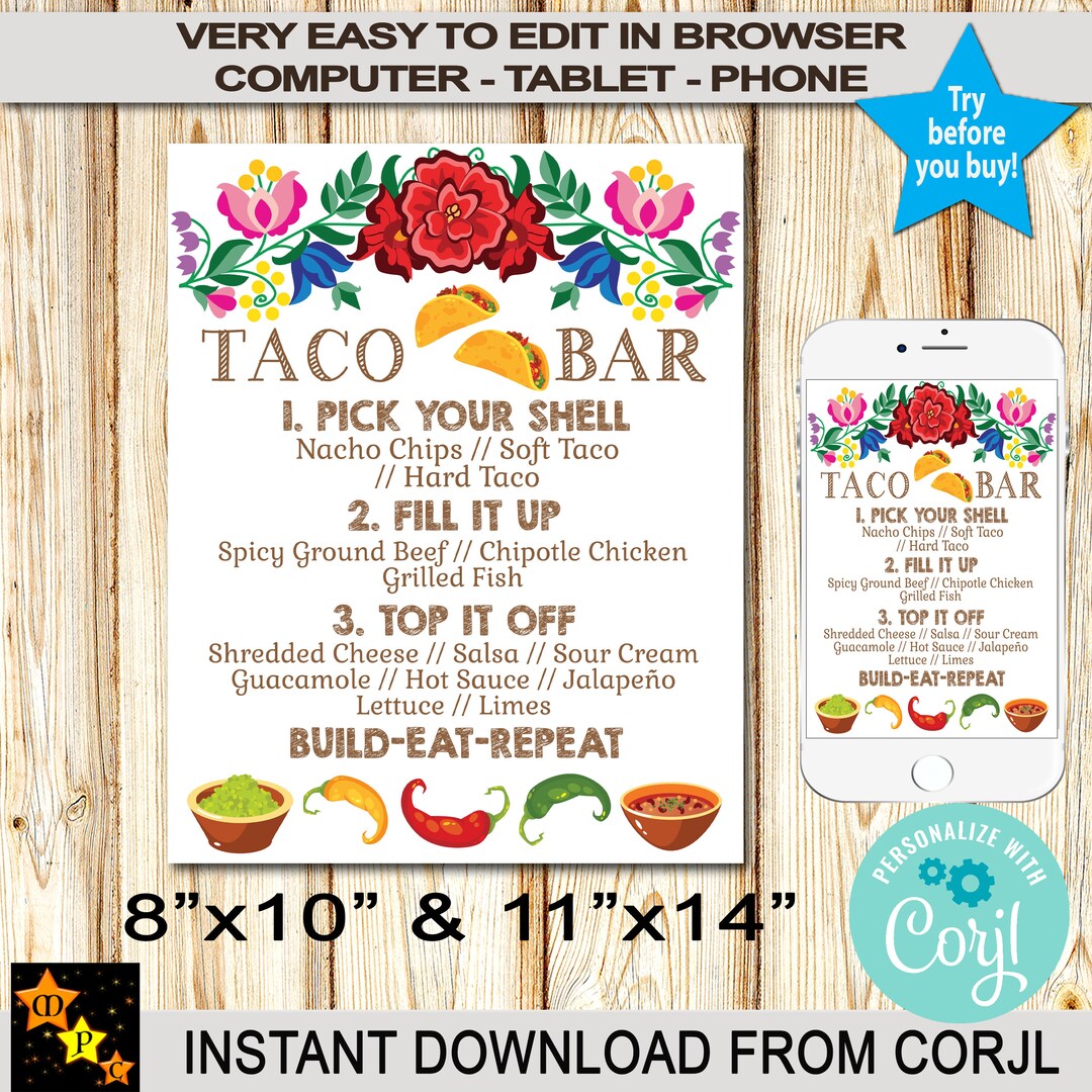 Taco Bar Sign, Mexican, Editable, Instant Download From Corjl, Edit in ...