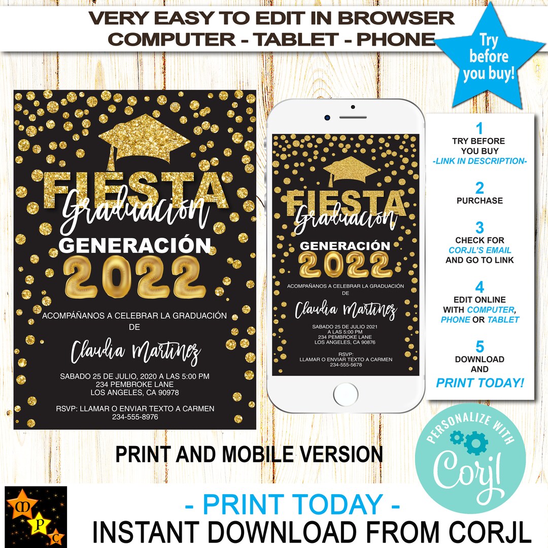 Spanish Graduation Party Invitation Black and Gold INSTANT - Etsy