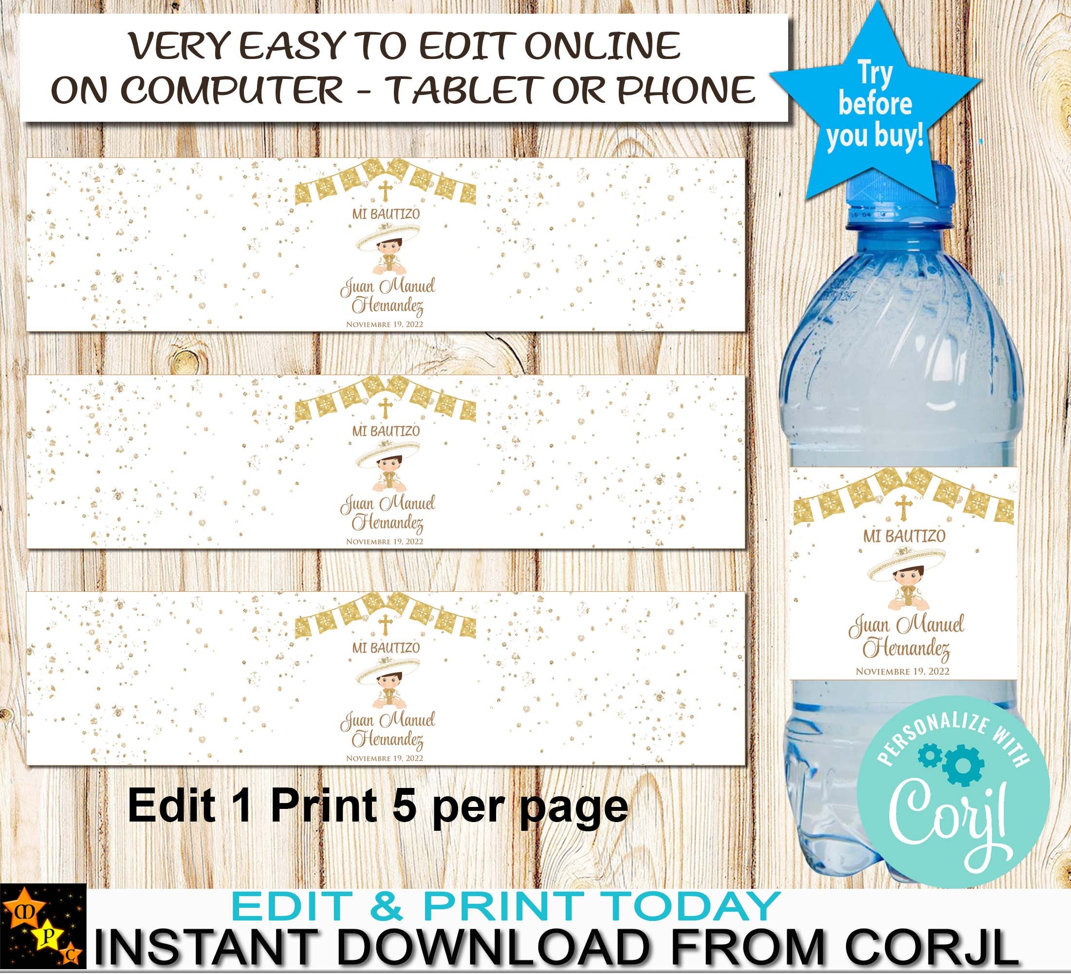 Mi Bautizo Editable Water Bottle Labels, Baptism, Mexican Theme, Charro ...