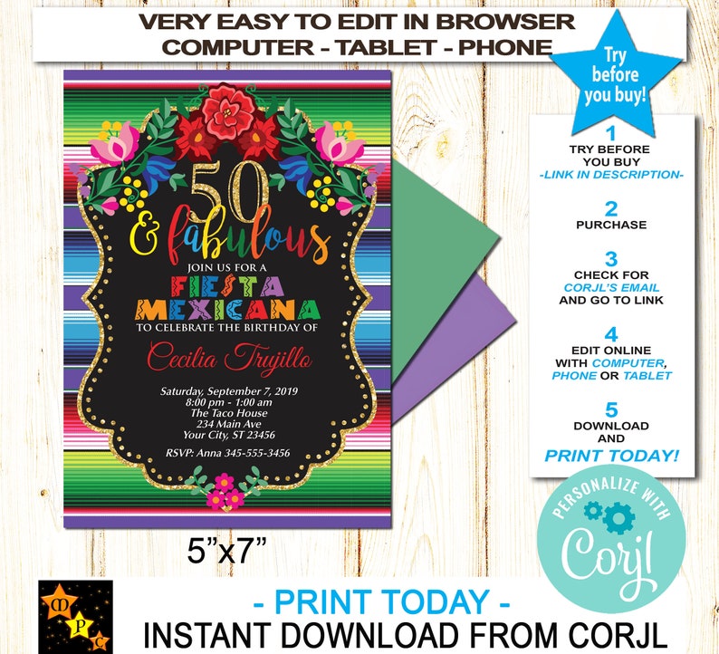 Birthday Invitation, Mexican Fiesta Flowers, Any Age, Sarape Background ...