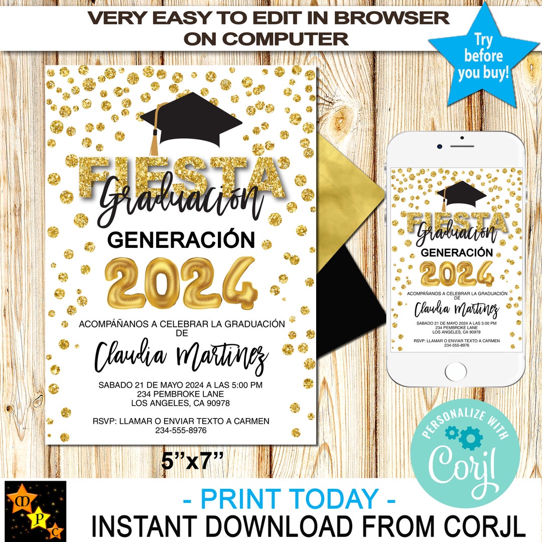 Spanish Graduation Party Invitation, Black and Gold, INSTANT Download ...