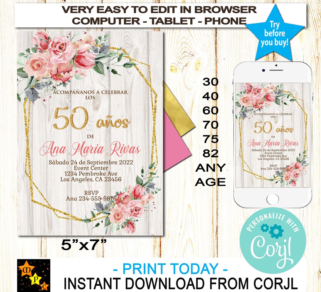 Spanish Any Age Birthday Invitation, Floral Pink and Gold, Rustic Wood ...