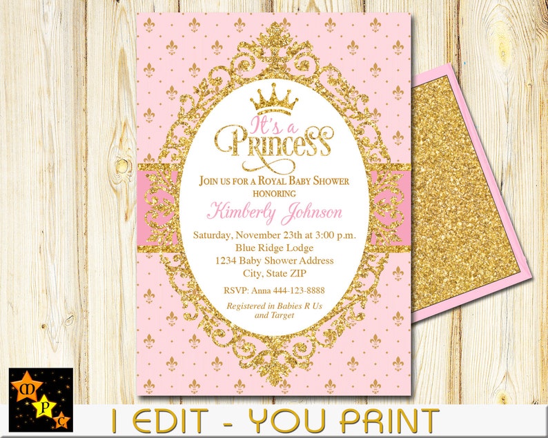 Princess Baby Shower Invitation Girl Pink and Gold DIY | Etsy