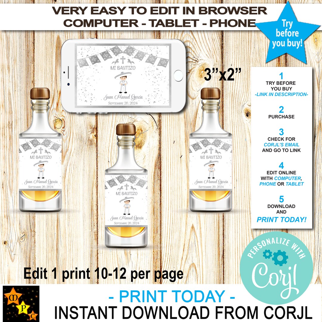 Baptism Mini Liquor Bottle Labels, Toddler Charro Silver, Mexican Style ...
