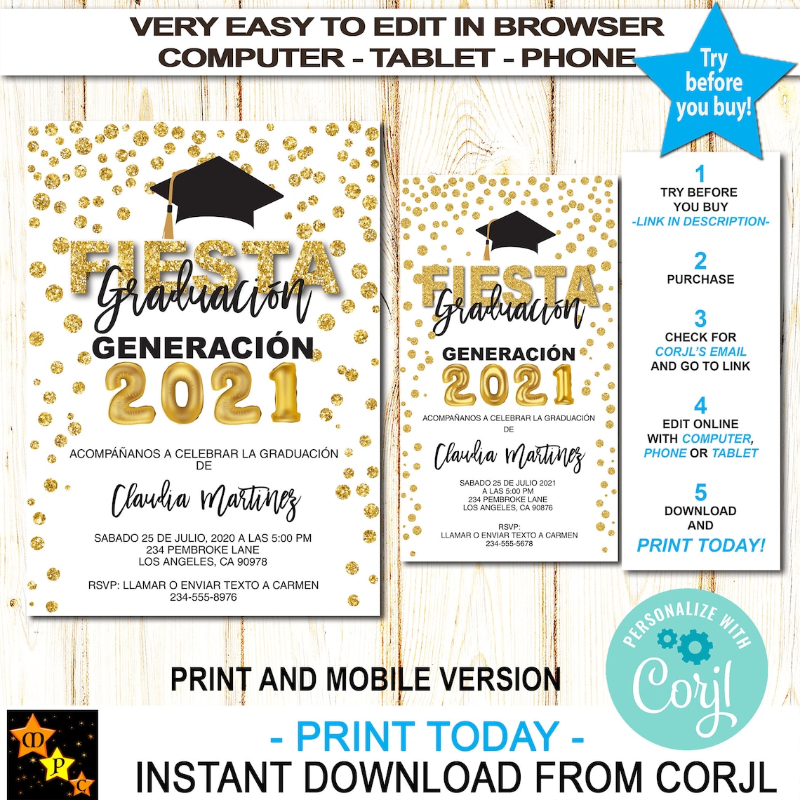 Spanish Graduation Party Invitation Black and Gold INSTANT | Etsy