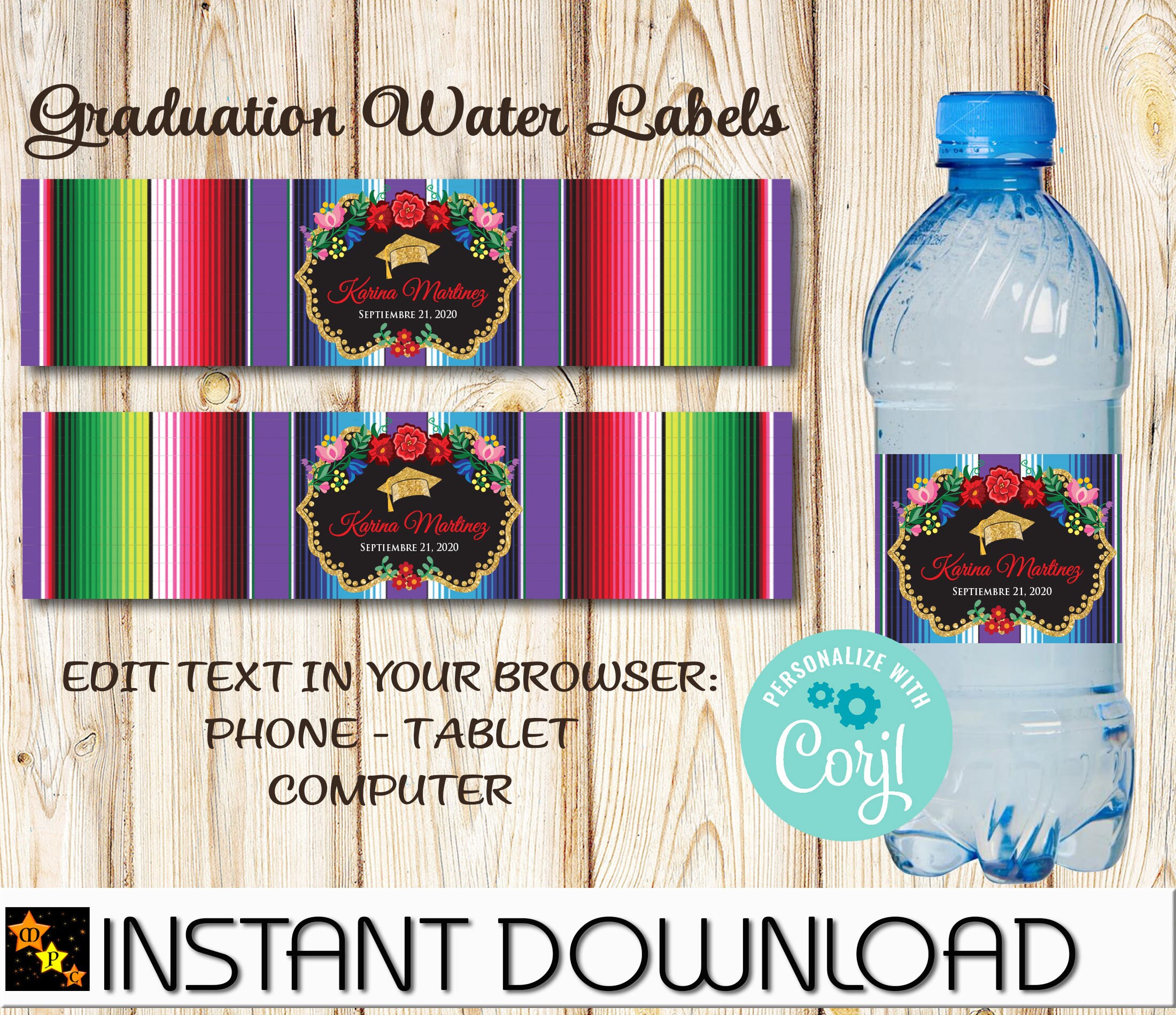 Graduation Mexican Water Bottle Labels, DIY, Instant Download, Serape ...