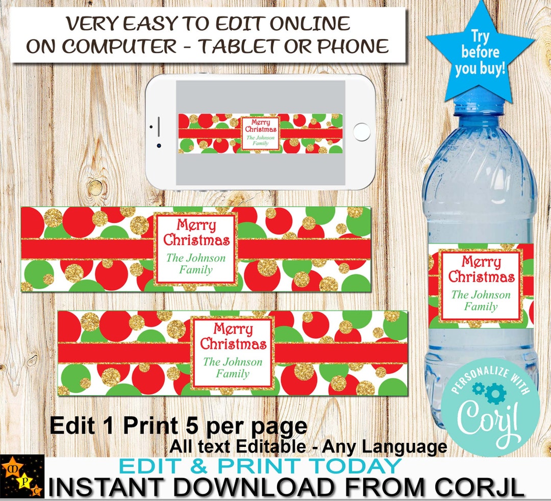 Christmas Water Bottle Labels, Editable, INSTANT Download, DIY ...