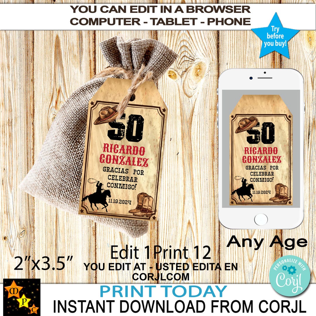 Western Cowboy Gift Tags, Etiqueta Vaquera, Any Language, Editable, Any ...