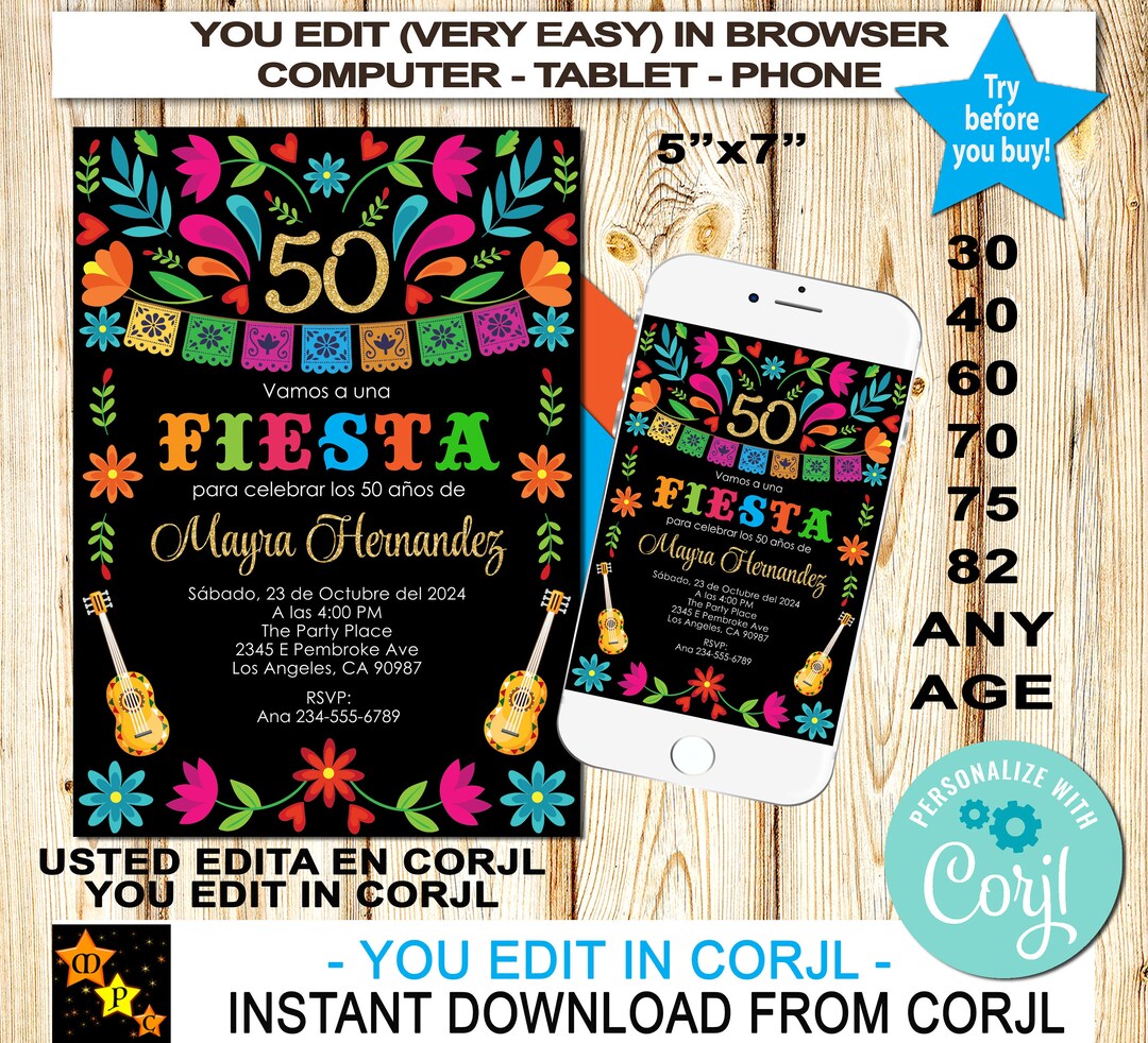 Spanish Birthday Invitation Mexican Theme, Any Age, Instant Download ...