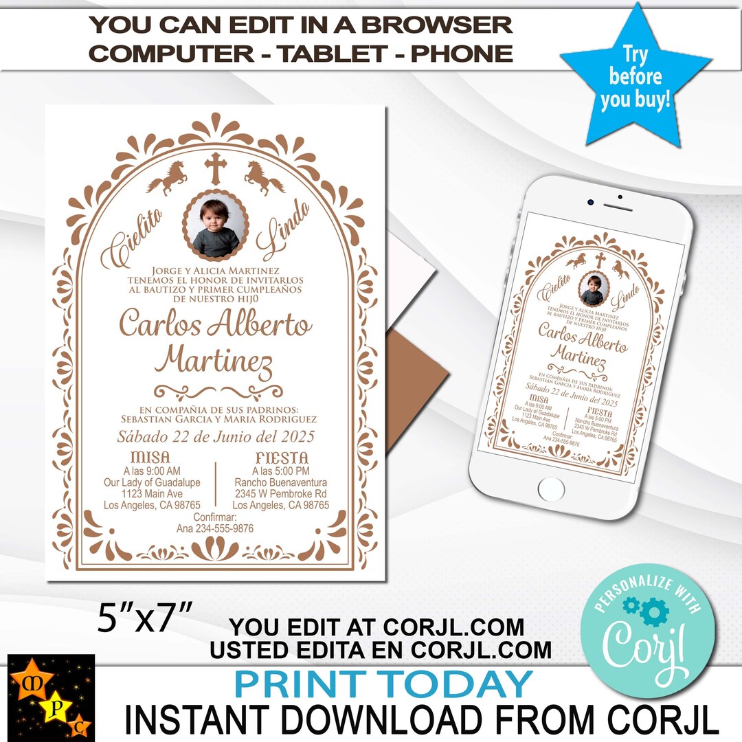 Spanish Baptism and 1st Birthday Photo Invitation, Barro, Invitacion ...