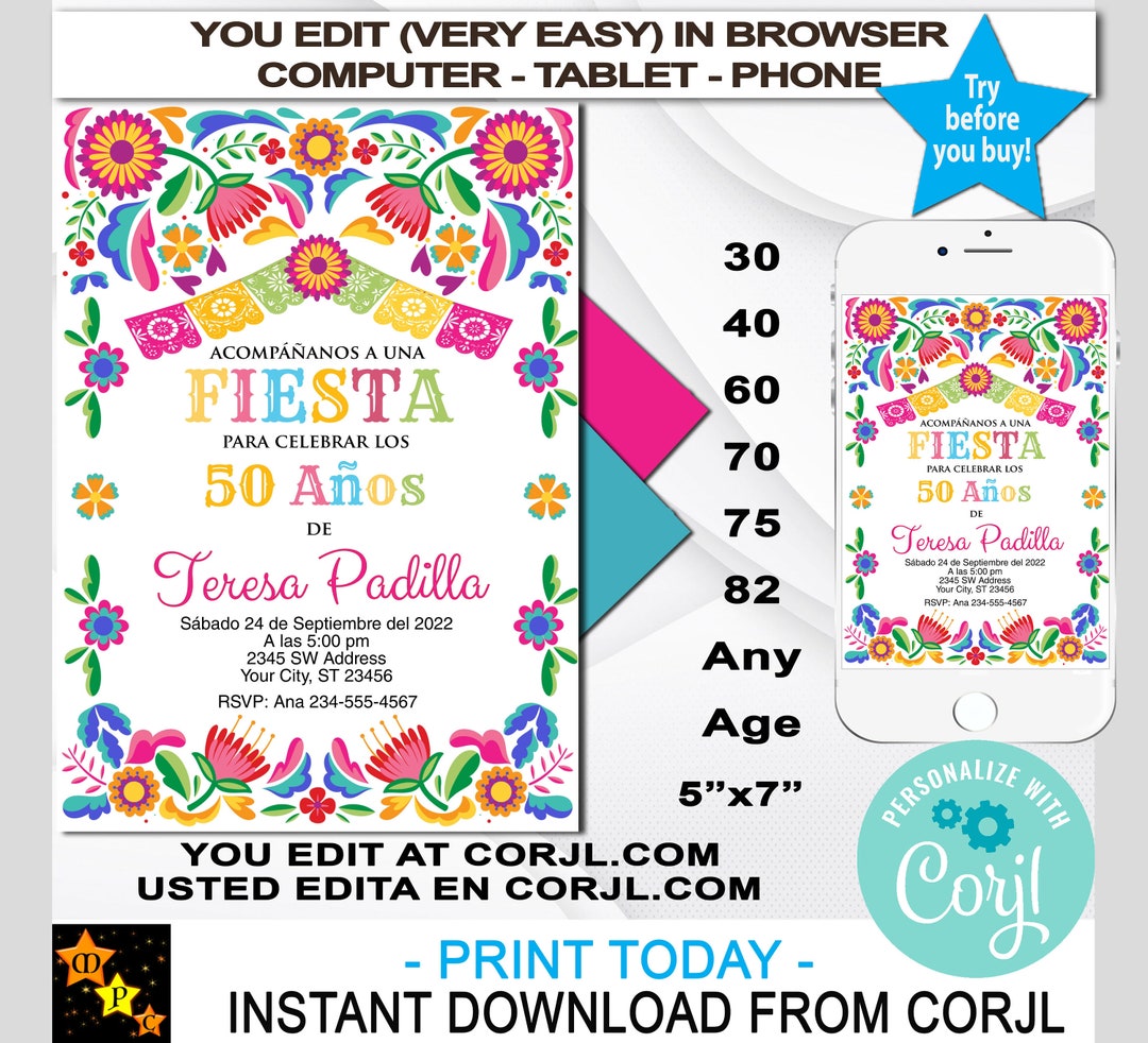 SPANISH Birthday Invitation, Mexican Fiesta Flowers, Any Age, Instant ...