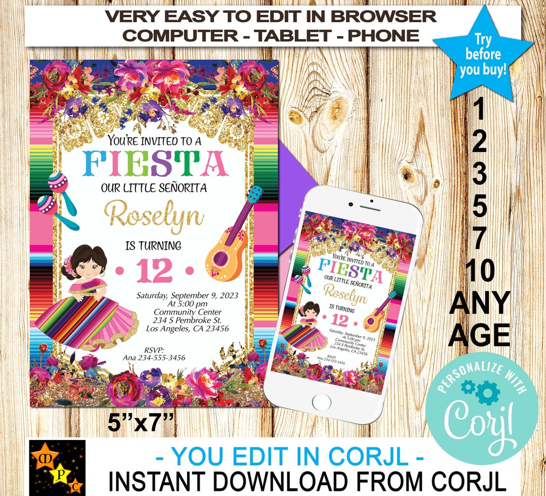 Fiesta Birthday Invitation, Sarape Mexican Theme (5x7) (corjl Edit ...