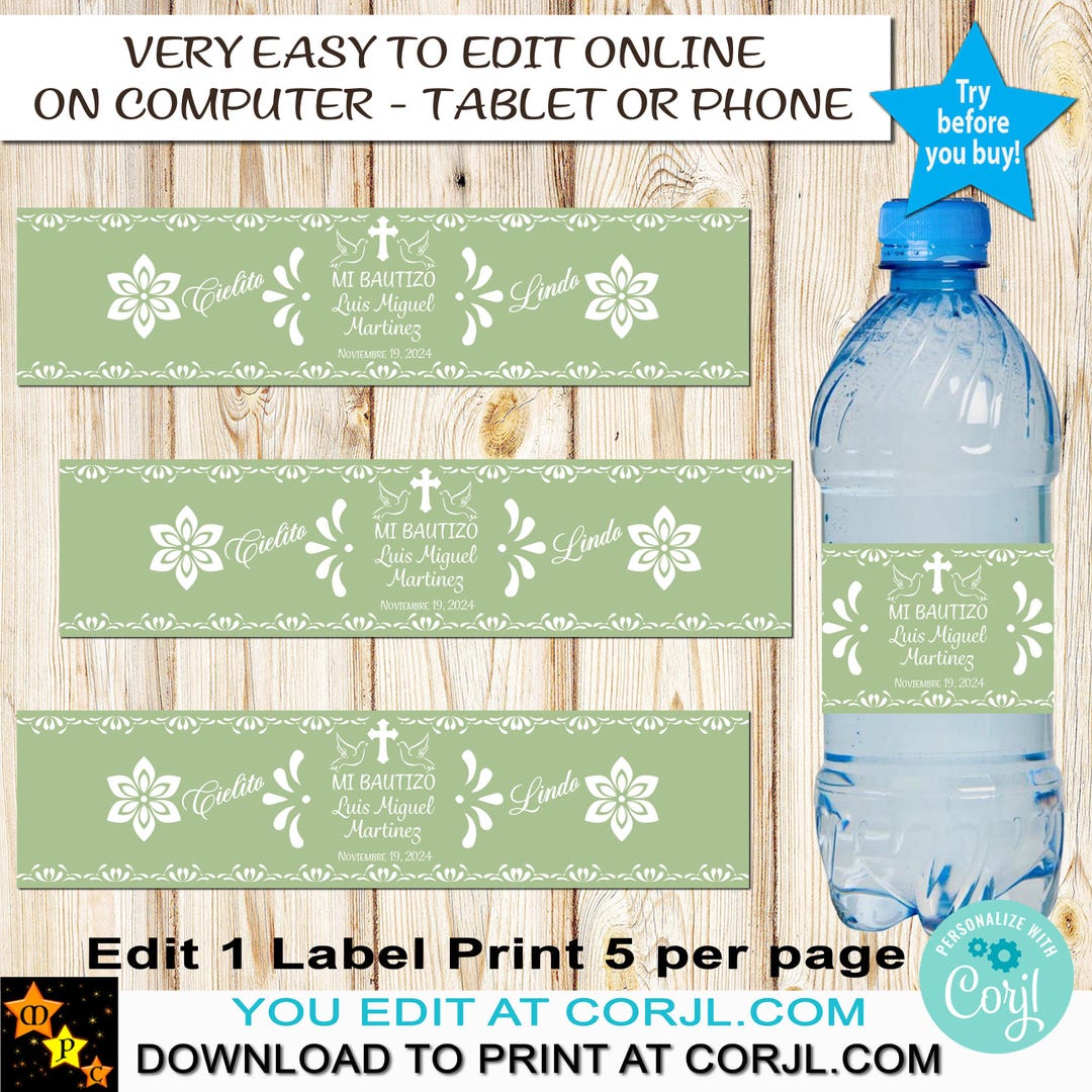 Mi Bautizo Water Bottle Labels, Mexican Theme, Sage, Editable Corjl ...