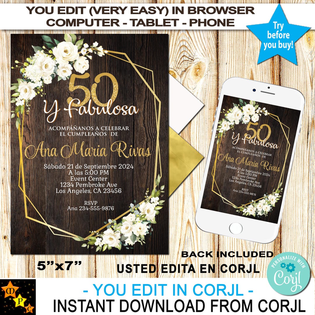 Spanish Any Age Birthday Invitation, Rustic Wood, White Roses, Modern ...