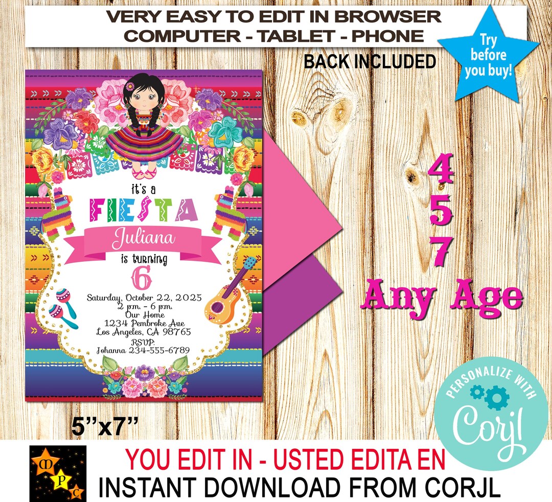 Mexican Fiesta Birthday Invitation: Sarape & Flowers Girl, Printable ...