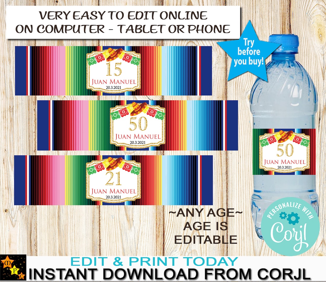 Editable Mexican Fiesta Water Bottle Labels, Serape Birthday (digital ...