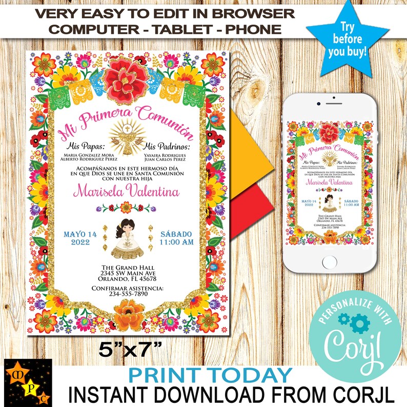 Spanish Editable First Communion Mexican Theme Charra Girl | Etsy