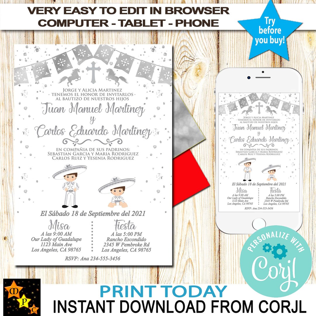 Spanish Baptism Charro, 2 Charros, 2 Kids, Mexican Theme, Silver Foil ...