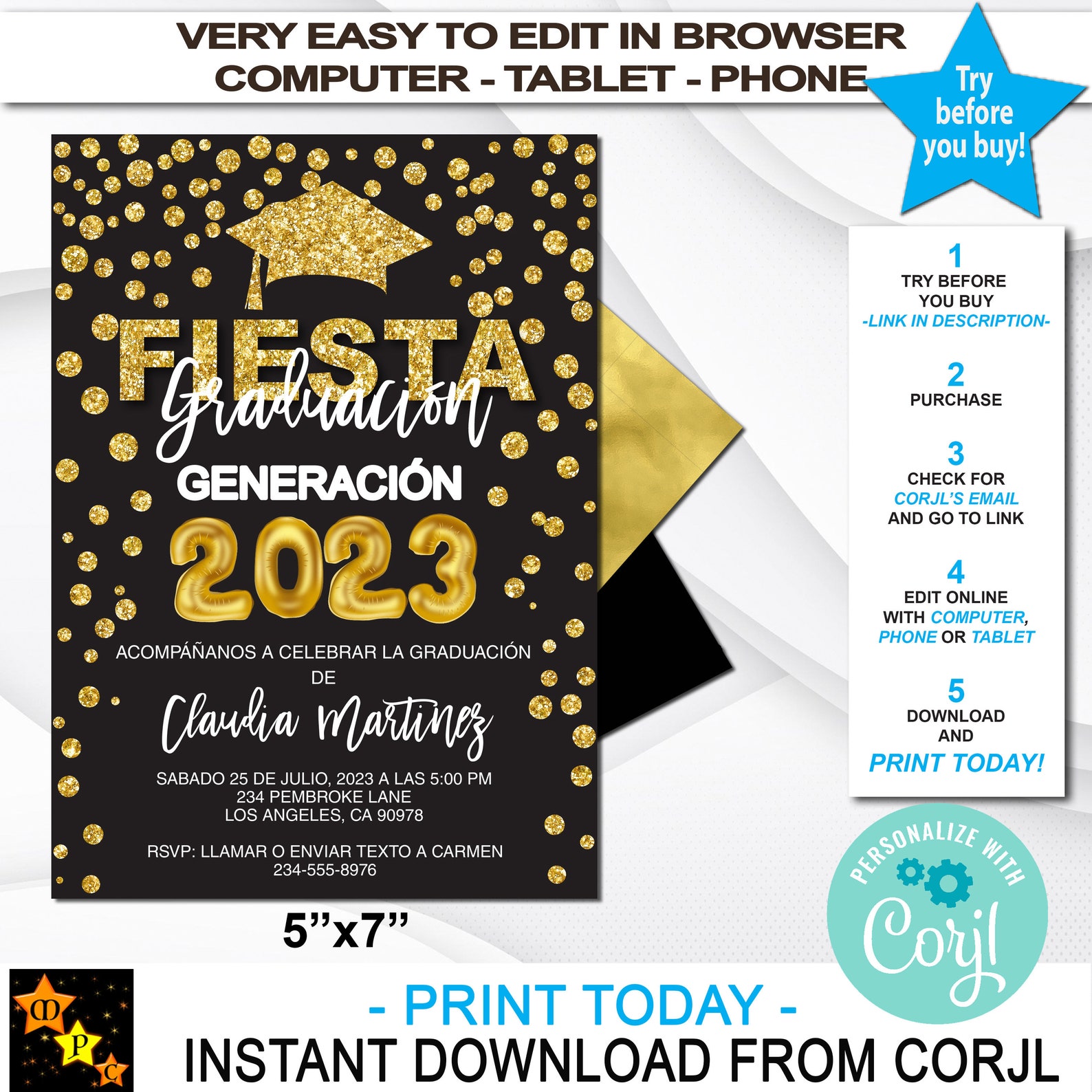 Spanish Graduation Party Invitation Black and Gold INSTANT - Etsy