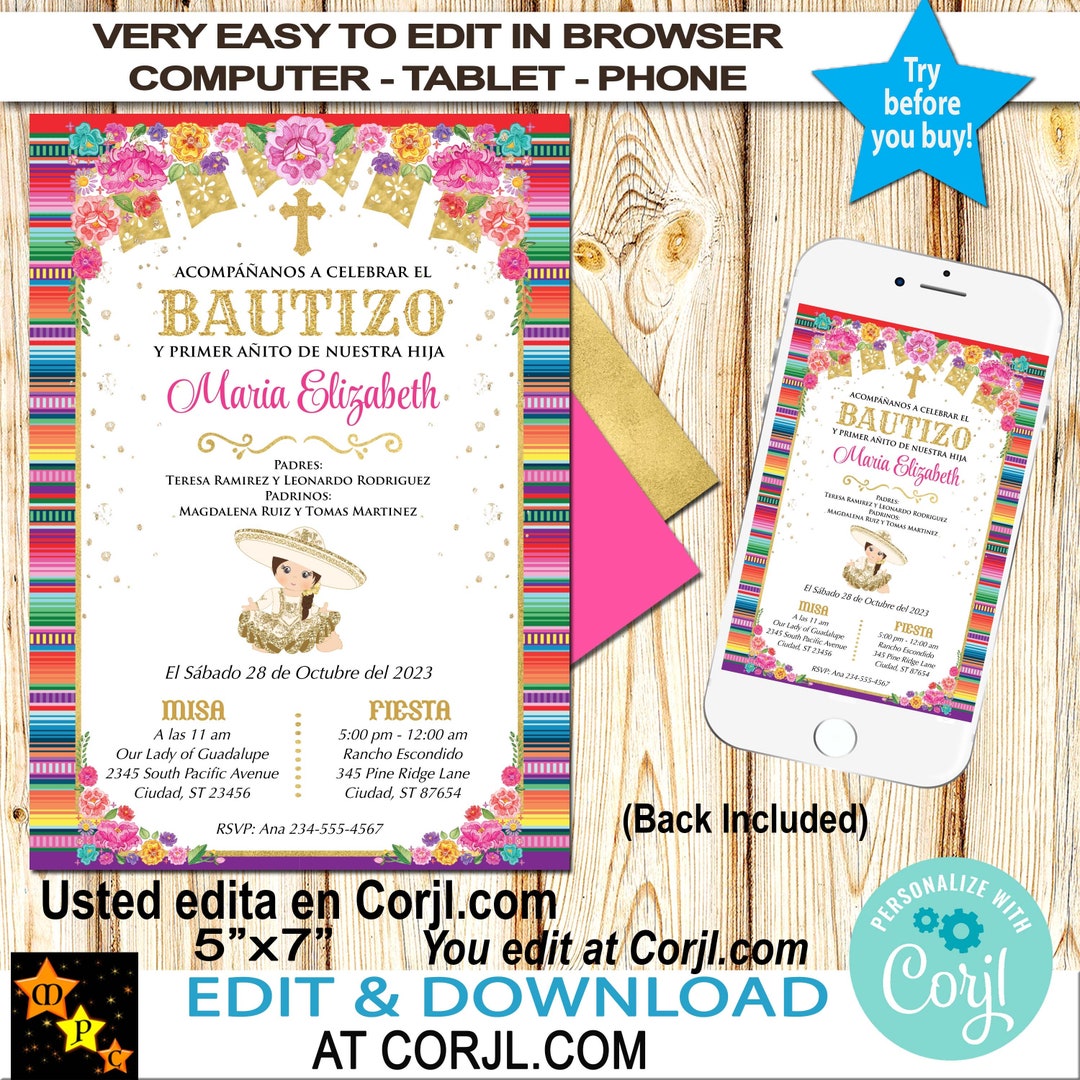 Spanish Baptism Invitation, Sarape Background, Flowers, Editable ...