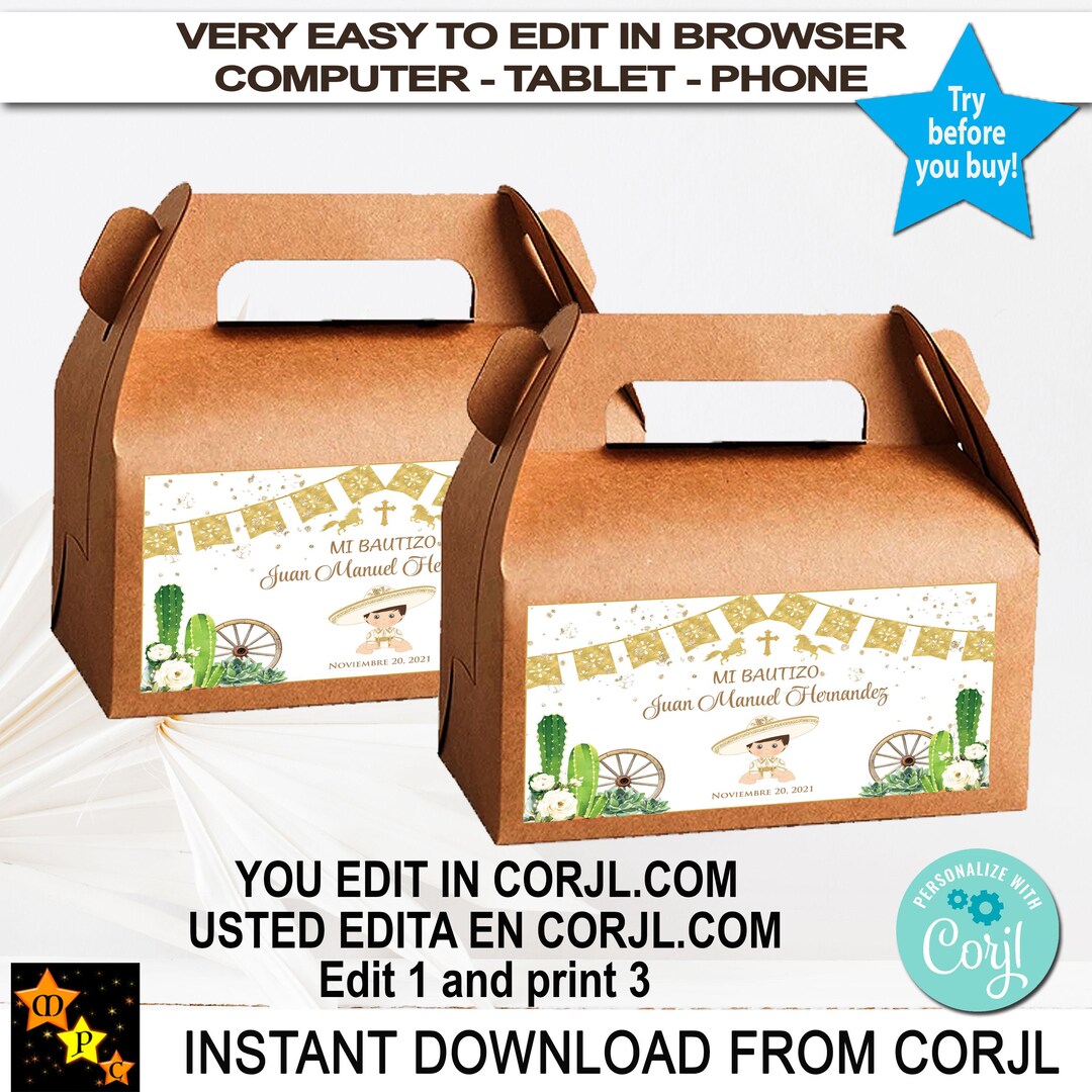 Mi Bautizo Baptism Candy Gift Box Labels Mexican Theme, Charro ...