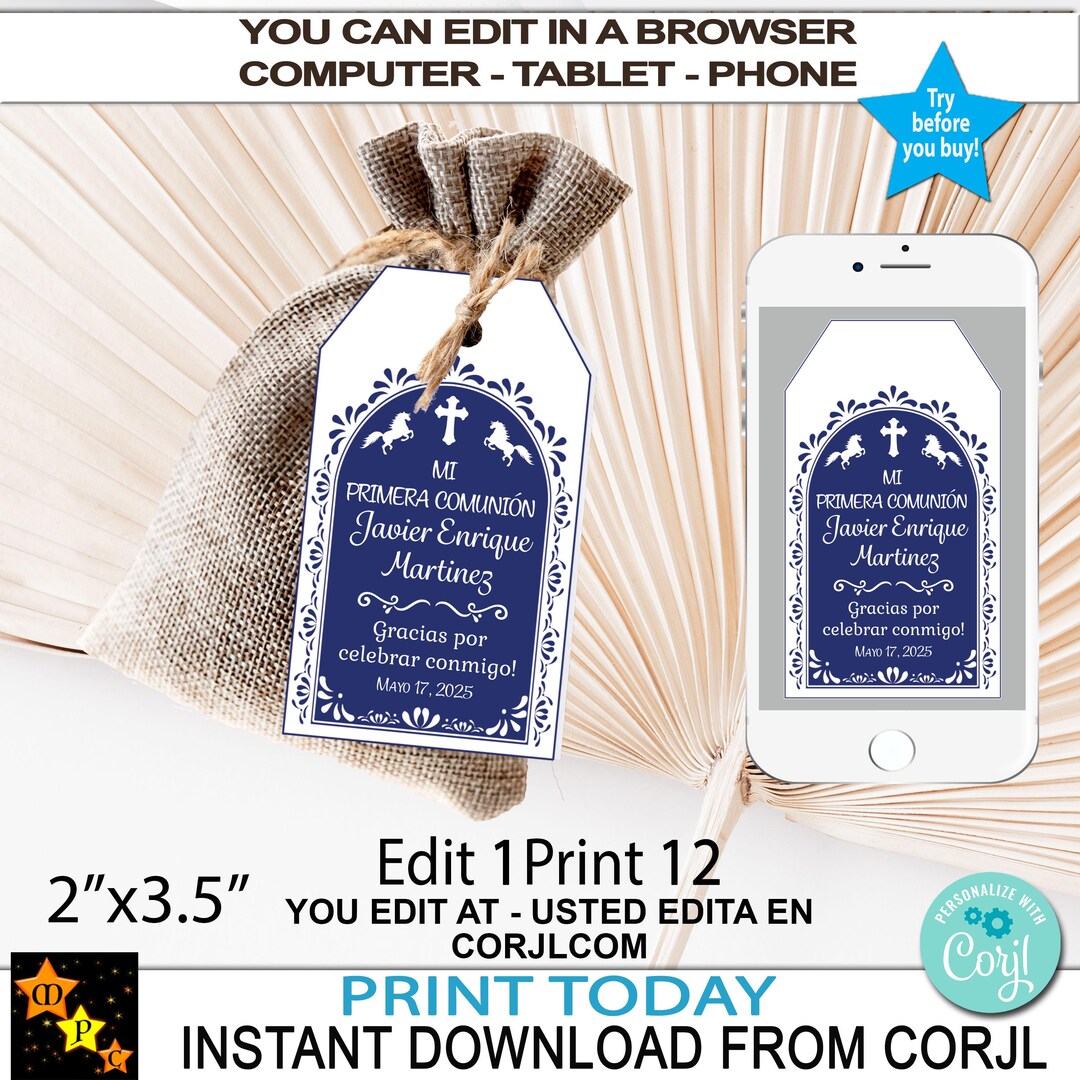 Mi Primera Comunion, Communion Talavera Navy Gift Thank You Tags ...