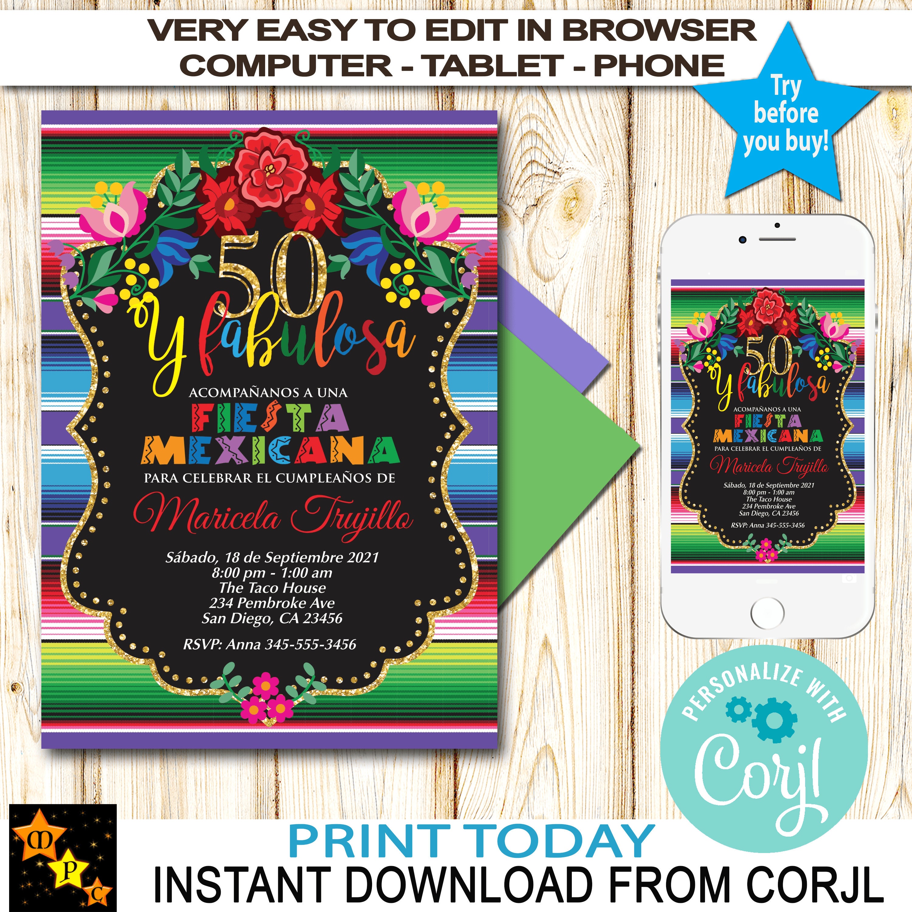 Fiesta Welcome Sign, Mexican Flowers, Sarape Background, Instant ...