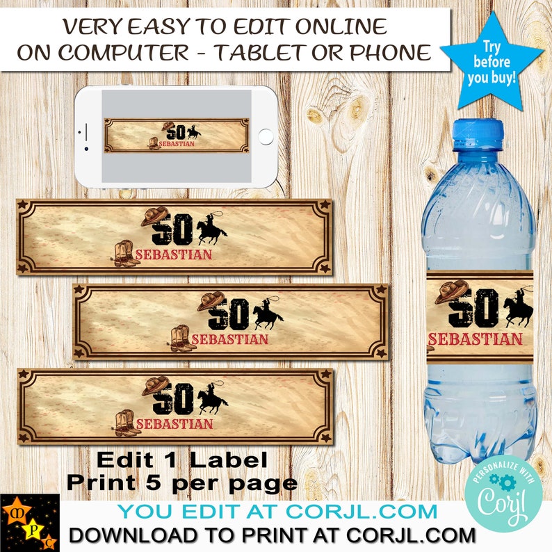 Western Birthday Water Bottle Labels, Printable Template (corjl) - Etsy